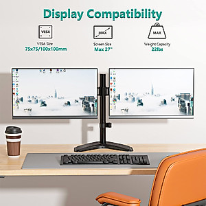 WALI Free Standing Dual LCD Monitor Fully Adjustable Desk Mount Fits 2 Screens up to 27 inch, 22 lbs. Weight Capacity per Arm, with Grommet Base (MF002), Black