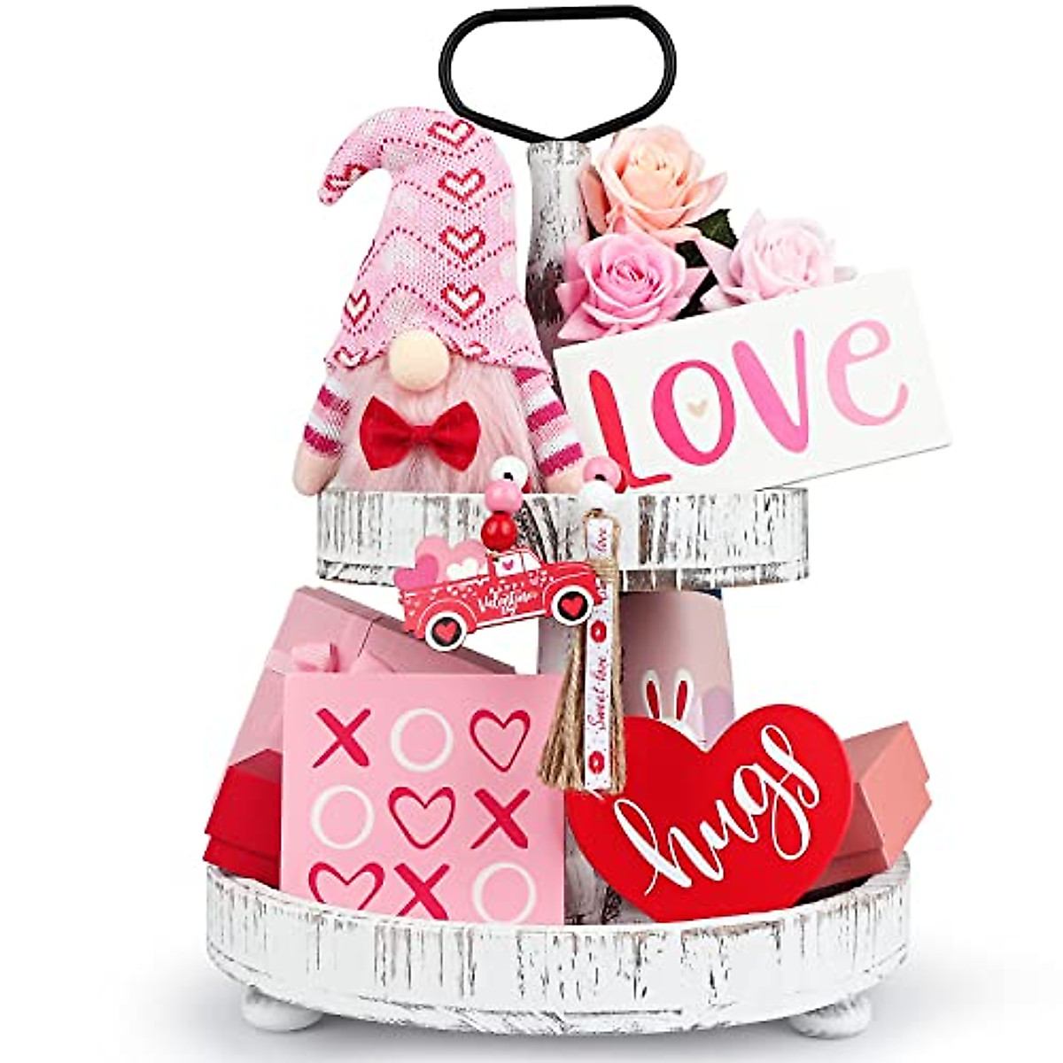 Boribim Valentines Day Decor - Valentines Day Tiered Tray Decor, XO Love Hugs Wooden Signs Cute Gnomes Plush with Bead Garland - Farmhouse Rustic Tiered Tray Items Decorations for Home Room Table