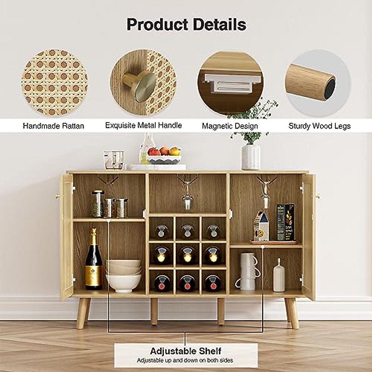 Giluta Rattan Wine Bar Cabinet 2-Door Farmhouse Liquor Cabinet with Wine Rack and Glass Holder, Rustic Oak Sideboard Buffet Storage, Modern Wooden Coffee Bar Cabinet for Living Dining Room Kitchen