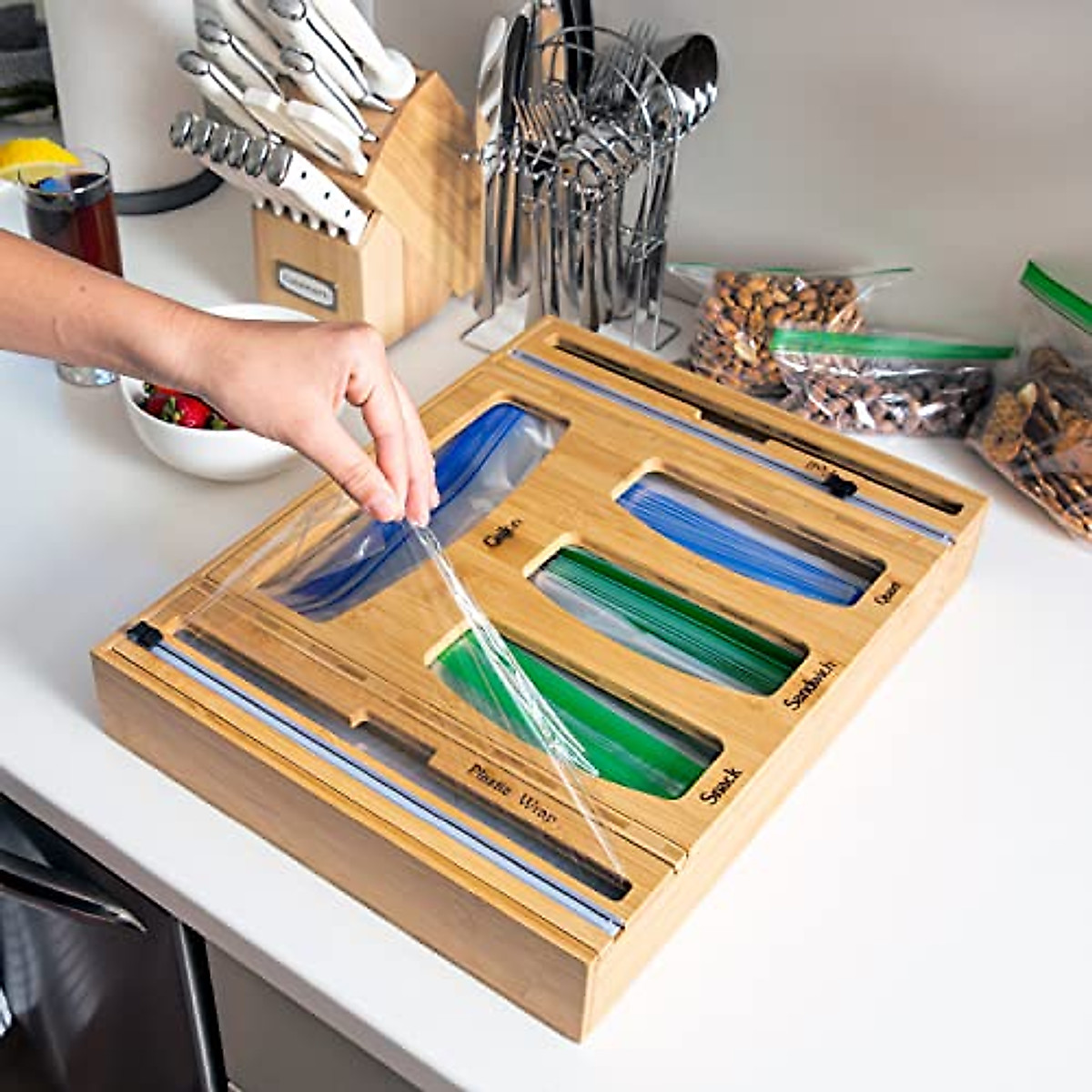 6-in-1 Slim Profile Bamboo Ziplock Bag Organizer for Drawer - Foil and Plastic Wrap Organizer | Baggie & Storage Bag Kitchen Organizer for Gallon, Quart, Sandwich, Snack