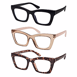 AMOMOMA 3 Pack Trendy Oversized Blue Light Stylish Readers for Women,Retro Square Cute Sturdy Computer Womens Reading Glasses AM6042 Black+Brown+Purple Tortoise 1.5