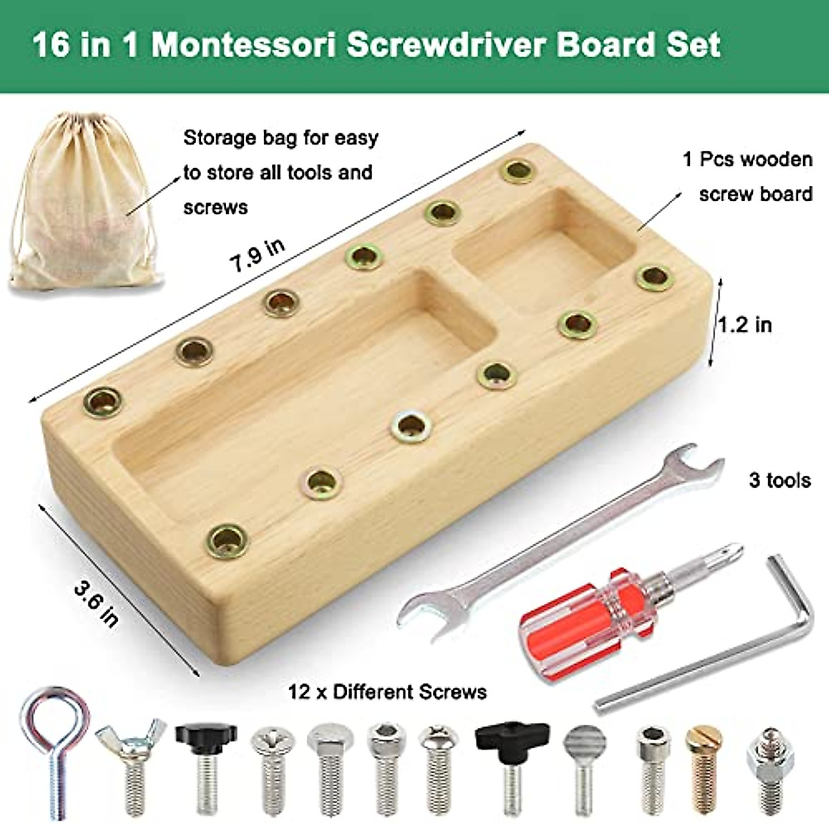 Inslat Montessori Screwdriver Board Set, Wooden Montessori Toys for 3 4 5 Year Old Kids, Educational Screw Board Sensory Learning Toys STEM Fine Motor Skills Toys