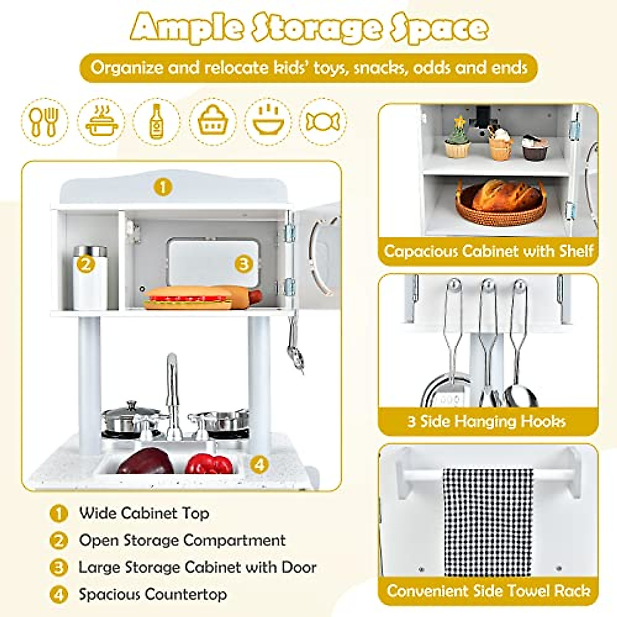 HONEY JOY Kids Kitchen Playset, Double Side Little Chef Play Kitchen for Toddlers, Oven & Sink, Ice Cube Dispenser, Utensils, Microwave, Storage Cabinet, Wooden Pretend Play Toy Kitchen Set, Gray