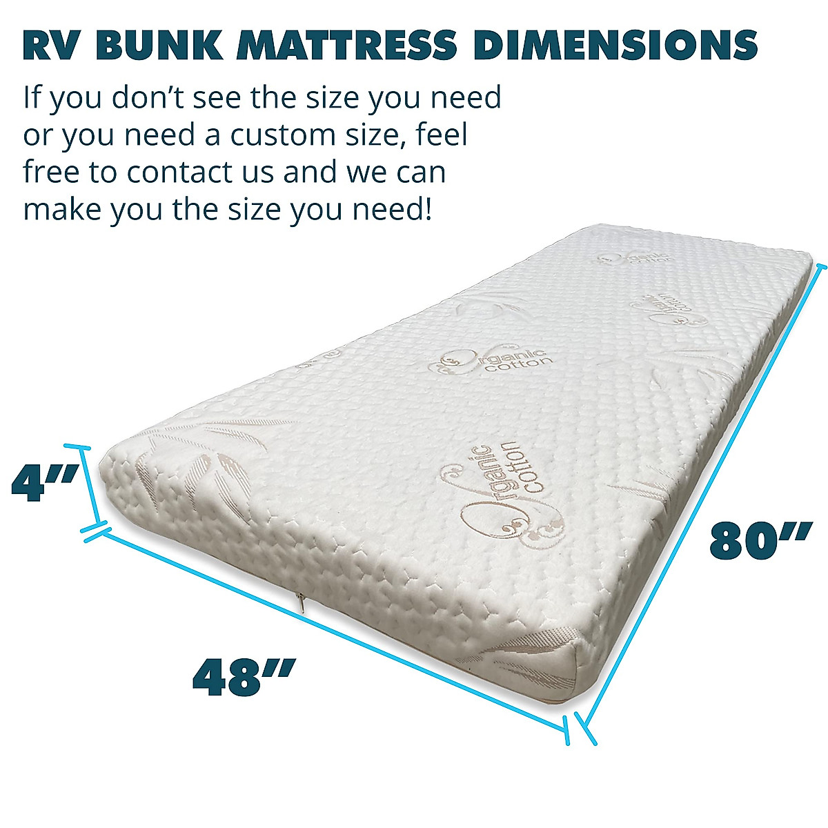 Foamma 4" x 48" x 80" Memory Foam Mattress for RV with Water Resistant Organic Cotton Cover, Firm High Density Foam Base, USA Made, CertiPUR-US Certified Foam