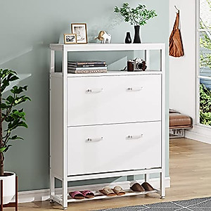 Tribesigns Shoe Cabinet with Flip Drawers, Wood Tipping Bucket Shoe Cabinet, Shoes Storage Cabinet with Open Shelf for Entryway Bedroom