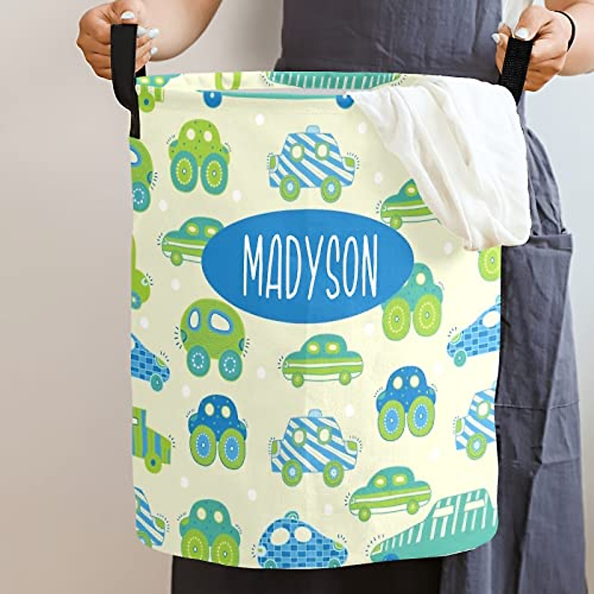 Personalized Laundry Basket with Name Custom Laundry Hamper for Boys Collapsible Durable Toys Organizer Storage Round Baskets Nursery Bedroom Decor (Car 01)