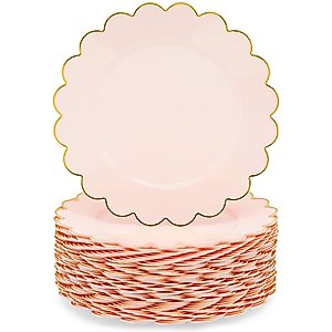 Sparkle and Bash 50 Pack Pink and Gold Plastic Plates, 9 Inch Scalloped Plates with Gold Rim for Birthday Party, Baby Shower