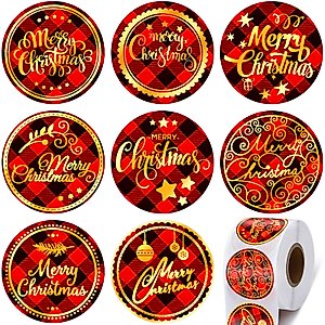 500 Pieces Christmas Envelope Stickers Christmas Stickers Envelope Seals Stickers Gold Foil Stamping on Red Buffalo Plaid Holiday Stickers Round Labels for Christmas Boxes Scrapbooking Decorations