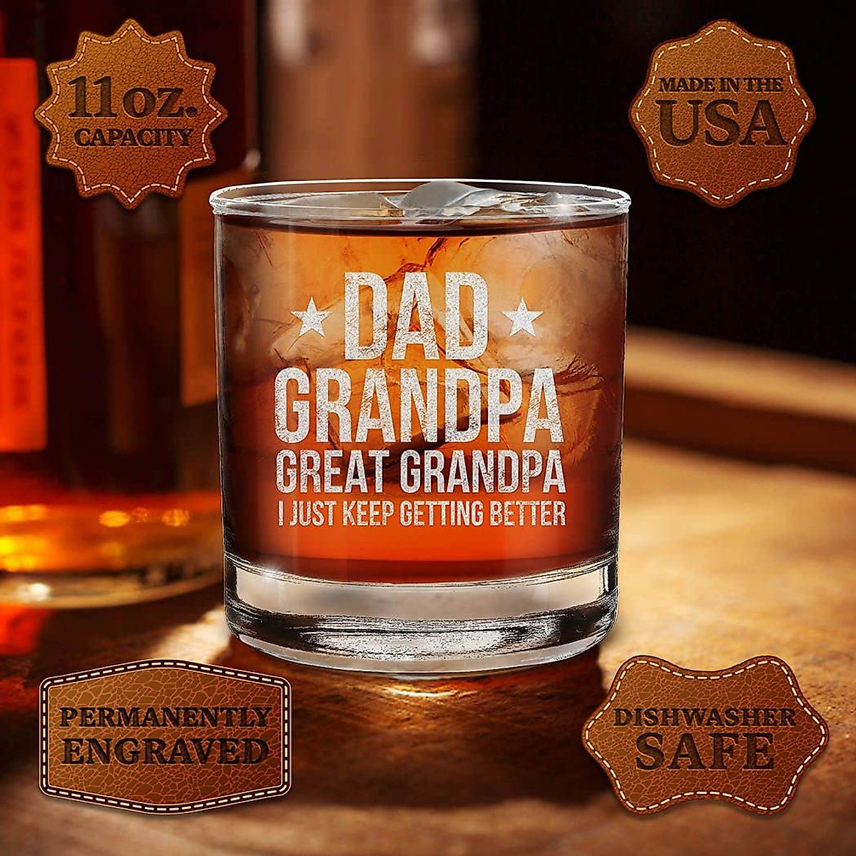 shop4ever® Dad Grandpa Great Grandpa I Just Keep Getting Better Engraved Whiskey Glass Father's Day Gift