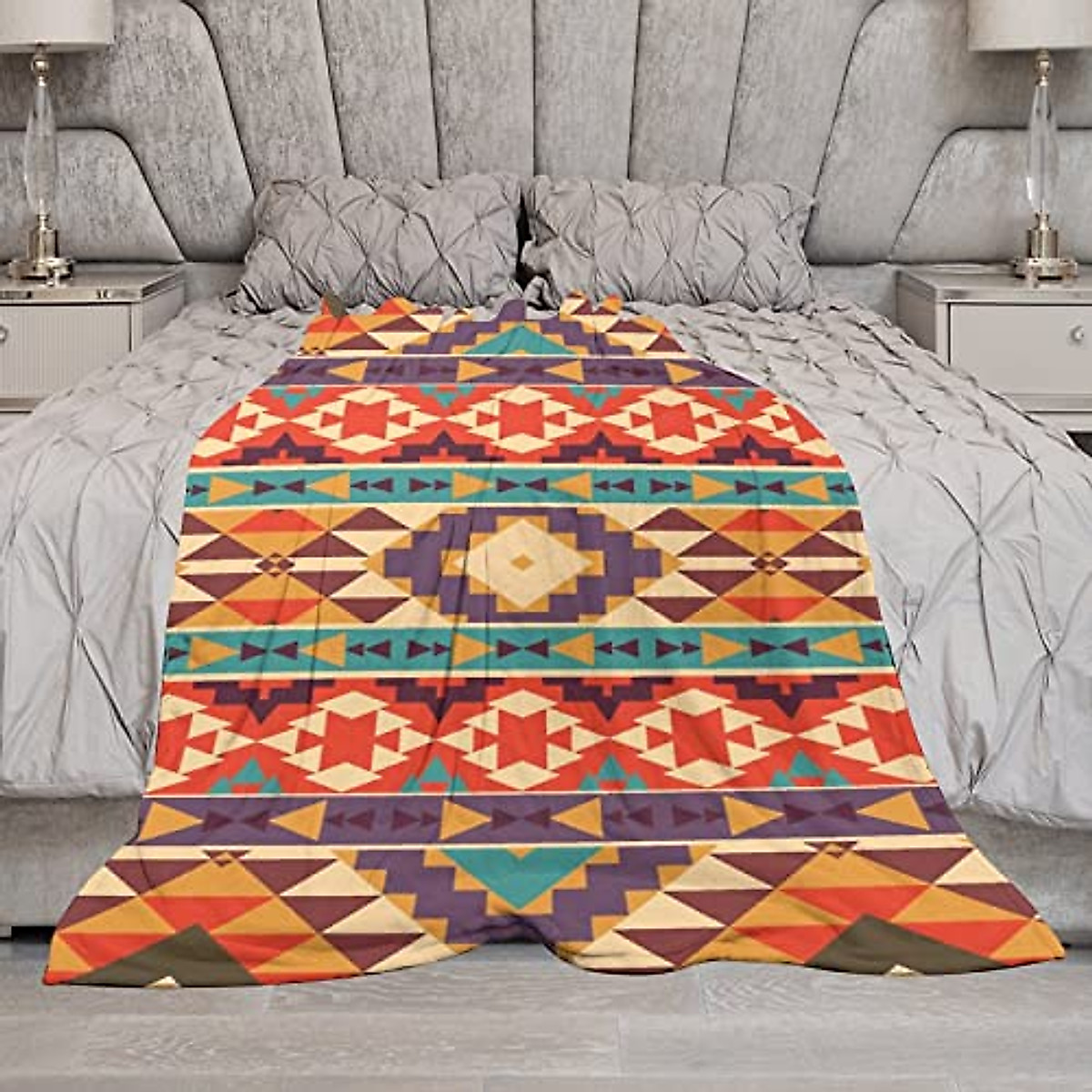 Colorful Aztec Pattern Throw Blanket for Couch Bed Flannel Lap Blanket Lightweight Cozy Plush Blanket for All Seasons 50"x70"