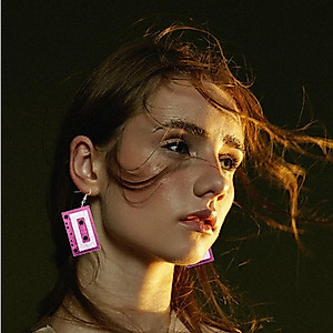 DFYOUHOME® 1980s Fashion Acrylic Earrings for 80’s Party Women Punk Retro Cassette Crush Colorful Drop Dangle Party Night Club Pretty (Pink)