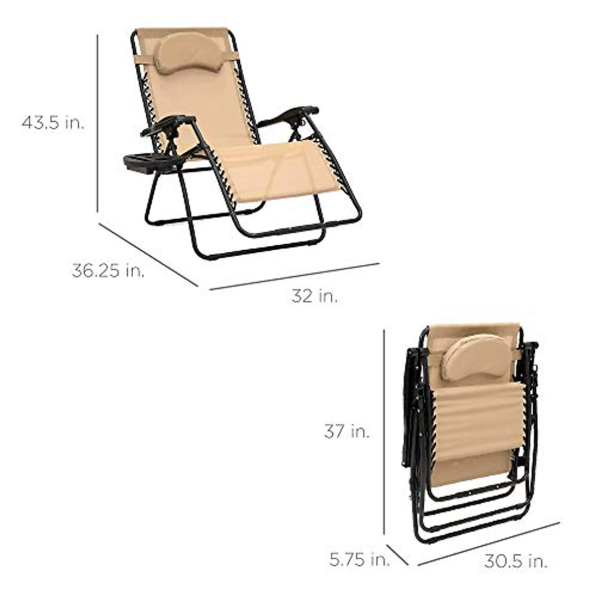 Best Choice Products Oversized Zero Gravity Chair, Folding Outdoor Patio Lounge Recliner w/Cup Holder Accessory Tray and Removable Pillow - Tan