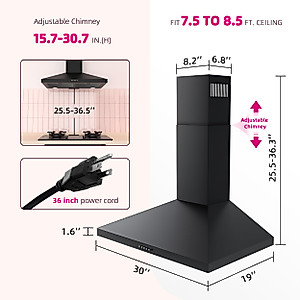 FIREGAS Black Range Hood 30 Inch, Wall Mount Kitchen Hood Ducted/Ductless Convertible, 450 CFM, 3-Speed Exhaust Fan, Stainless Steel Stove Vent for Kitchen with LED Lights, Charcoal Filters