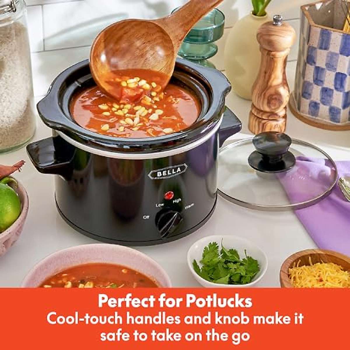 bella Electric Slow Cooker 1.5 Qt, Dishwasher Safe Removable Stoneware Pot and Glass Lid, Adjustable Temperature & Cool Touch Handles, Portable Mini Rice Cooker, Baby Food Steamer & Soup Warmer, Black