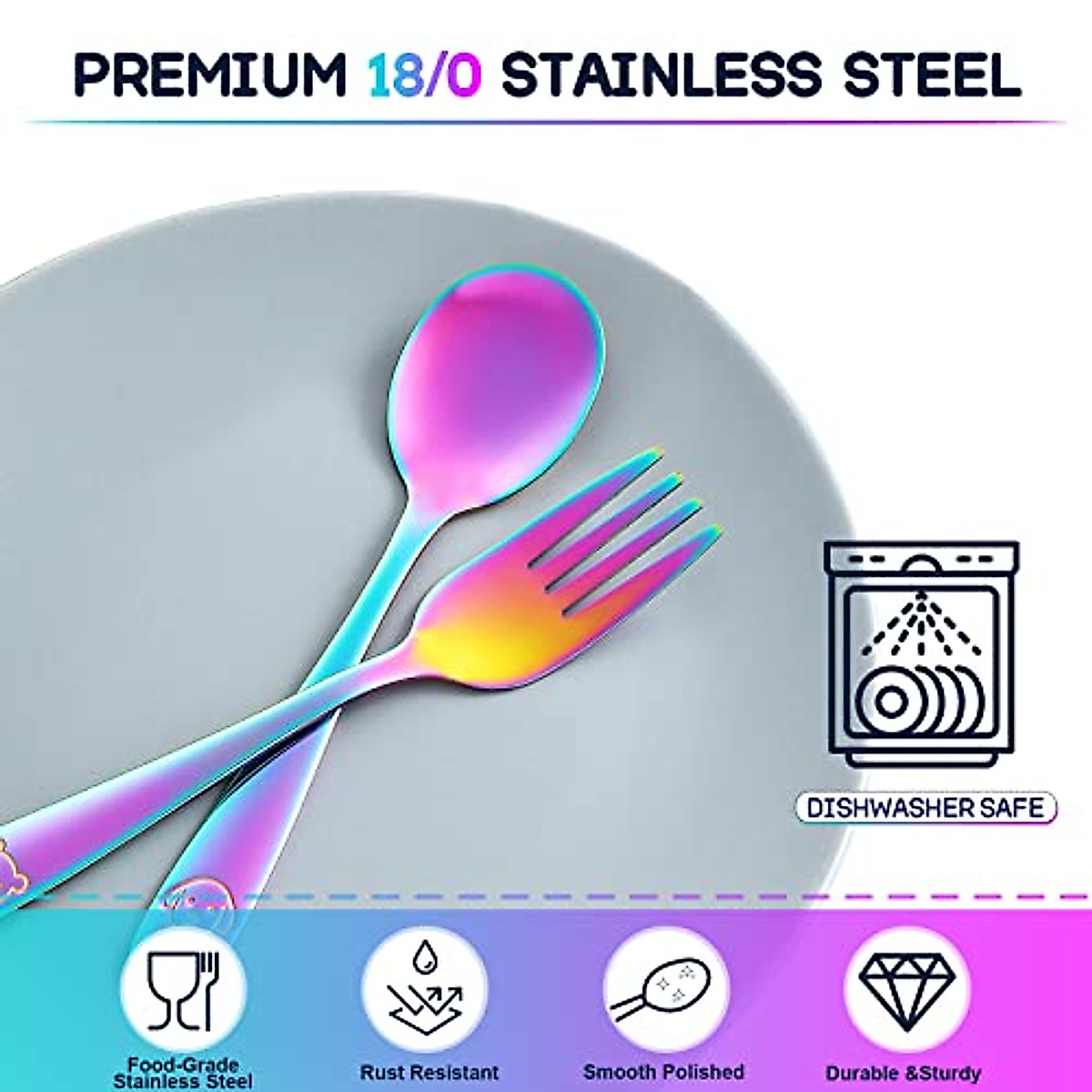 10 Pack Toddler Utensils, Stainless Steel Rainbow Silverware Set for Kids, Children Safe Cutlery Set Includes Forks and Spoons - Dishwasher Safe