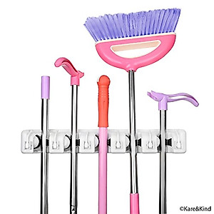 Broom Holder - Wall Mount Tool Organizer Rack - 5 Slots with Automatic Handle Grips - Perfect for Brooms, Mops, Dusters, Rakes, Shovels, etc. - 6 Foldable Hooks for Smaller Tools/Cloths