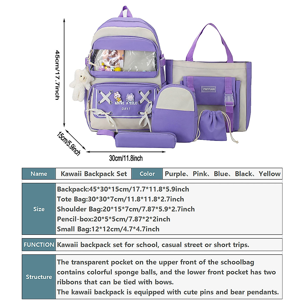 DUOBAOYU 5PCS Kawaii Backpack Set with Cute Pendants and Pins Accessories Aesthetic Rucksack for Teen Girls 17in Cute School Bags Bookbag with Shoulder Bag,Pencil Box,Tote Bag,Small Bag,Purple