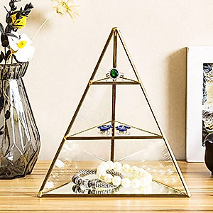 MyGift Glass Pyramid Small Jewelry Organizer Box with Brass Metal Frame, 3 Tier Crystal Display Case