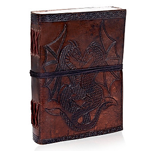 AzureGreen DOUBLE DRAGON Blank Page BOOK Handcrafted Leather Writing Unlined 5 x 7 JOURNAL (Brown)