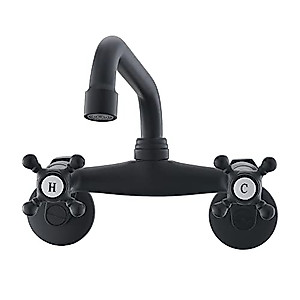 Jshozzy Matte Black Wall Mount Kitchen Sink Faucet Double Handle 3 Inch to 9 Inch Swivel Spout Wall-Mounted Commercial Bar Sink Faucet NSF Lead-Free Hot and Cold Water Mixer Tap Utility Sink Faucet