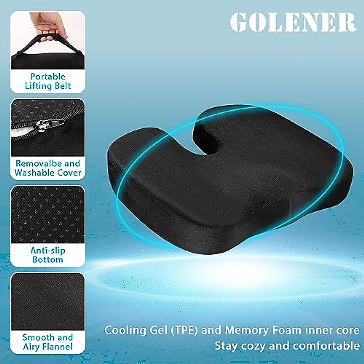 Gel Seat Cushion & Memory Foam Seat Cushions for Chair - Seat Cushion for Sciatica Coccyx Back Tailbone&Lower Back Pain Relief, Chair Pillow with Pressure Support for Driving, Office&Desk Chair, Black
