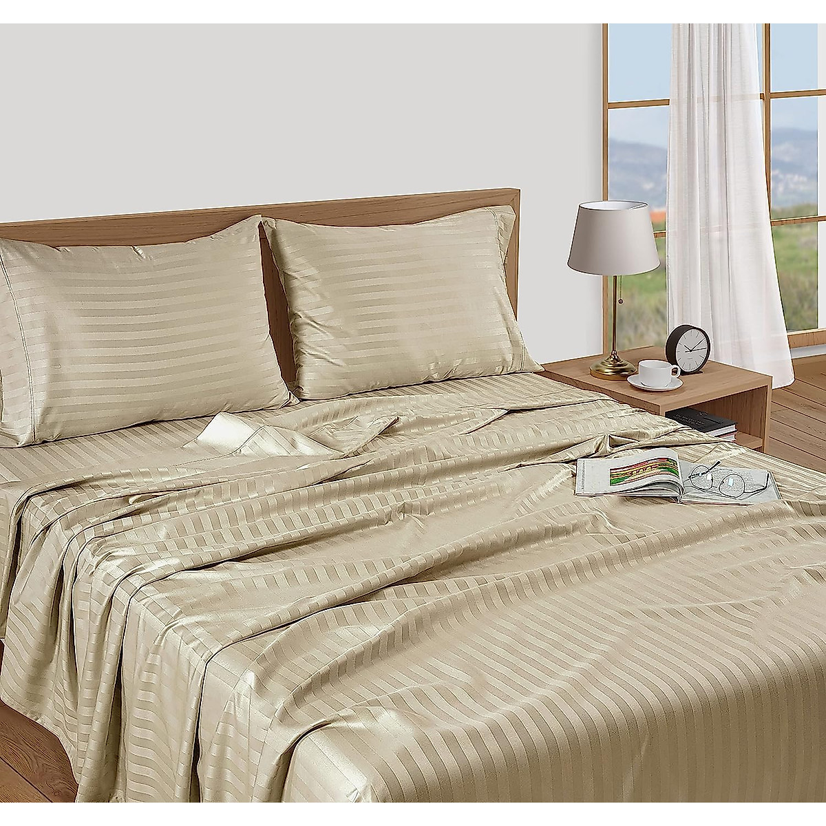 100% Egyption Cotton Cal King Solid Sheet Set & Striped Sheets Set of 2 Combo- 800 Thread Count Sateen Weave Cal KIng Size Solid Sheets & Striped Sheets, Deep Pocket Cotton Bedsheets - Linen