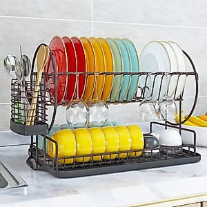 KeFanta Dish Drying Rack with Drainboard for Kitchen Counter, Bronze 2 Tier Dish Rack with Utensil Holder, Multifunction Dishes Drainer with Drainage, Double Tier Plate Drying Rack with Tray