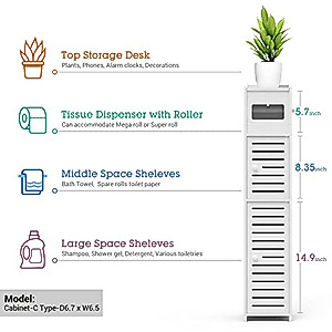 Bathroom Storage Cabinet for Small Space with Doors and Shelves, 4-Tiers Narrow Bathroom Cabinet,Waterproof Toilet Paper Storage Organizer with Toilet Paper Roller,Accommodate Mega Rolls(White)