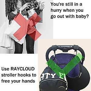 RAYCLOUD Baby Stroller Hooks 4 Pack for Bags Backpacks, Leather Hooks with Carabiners Pram Pushchair Clips D Ring Metal Multipurpose Mommy Hooks Stroller Accessory for Shopping Walking (Dark Black)