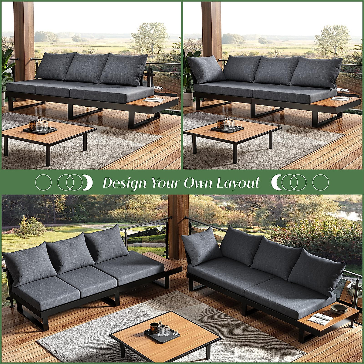 LUXOAK 3-Piece Patio Furniture Sets, Outdoor Aluminum Furniture Sofa, with Wood Side Table & Washable Cushions（Adjustable Backrest）