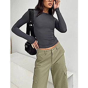 Lviefent Womens Casual Long Sleeve Workout Yoga Y2K Crop Top Slim Fit Basic Tee Shirt with Thumb Hole (Grey, Large)