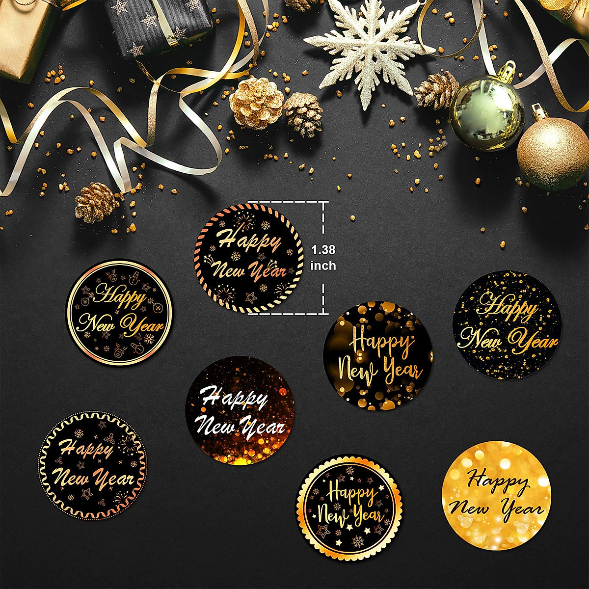 800 Pcs 2025 Happy New Year Stickers Round Black and Gold Stickers Bulk 1.38 Inch Snowflake New Year Labels Decorative Stickers for New Year Holiday Cards Envelopes Gift Boxes, 8 Designs
