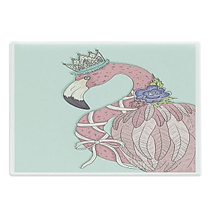 Lunarable Flamingo Cutting Board, Flamingo Flower Crown Ribbon Art, Decorative Tempered Glass Cutting and Serving Board, Large Size, Pale Blue Pale Pink