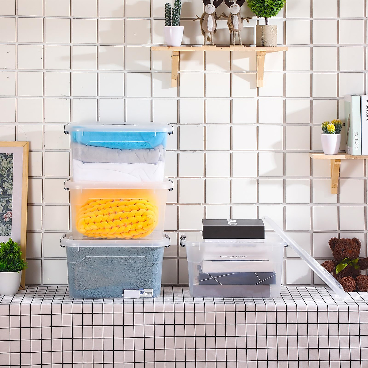 Sadnyy 4 Pack Clear Plastic Storage Latch Box Stackable Plastic Storage Bins with Latching Lids and Wheels Clear Large Storage Boxes Organizing Container for Home Garage Closet Classroom (10 Quart)