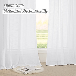 RYB HOME White Sheer Curtains for Living Room Privacy Semi Sheer Linen Curtains Light Glare Filtering for Bedroom Dining Office Window, 52 inches Wide x 84 inches Long, 2 Panels, White
