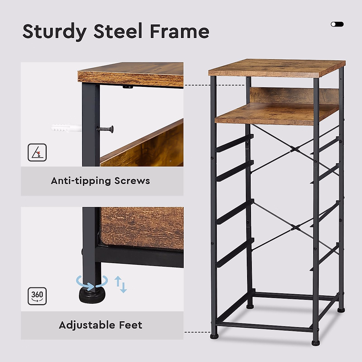 YeTom 5 Drawer Dresser, Tall Dresser for Bedroom with Storage, Vertical Storage Tower Fabric Dresser with Open Shelf, Small Dresser for Bedroom, Apartment, Easy Assembly, Rustic Brown