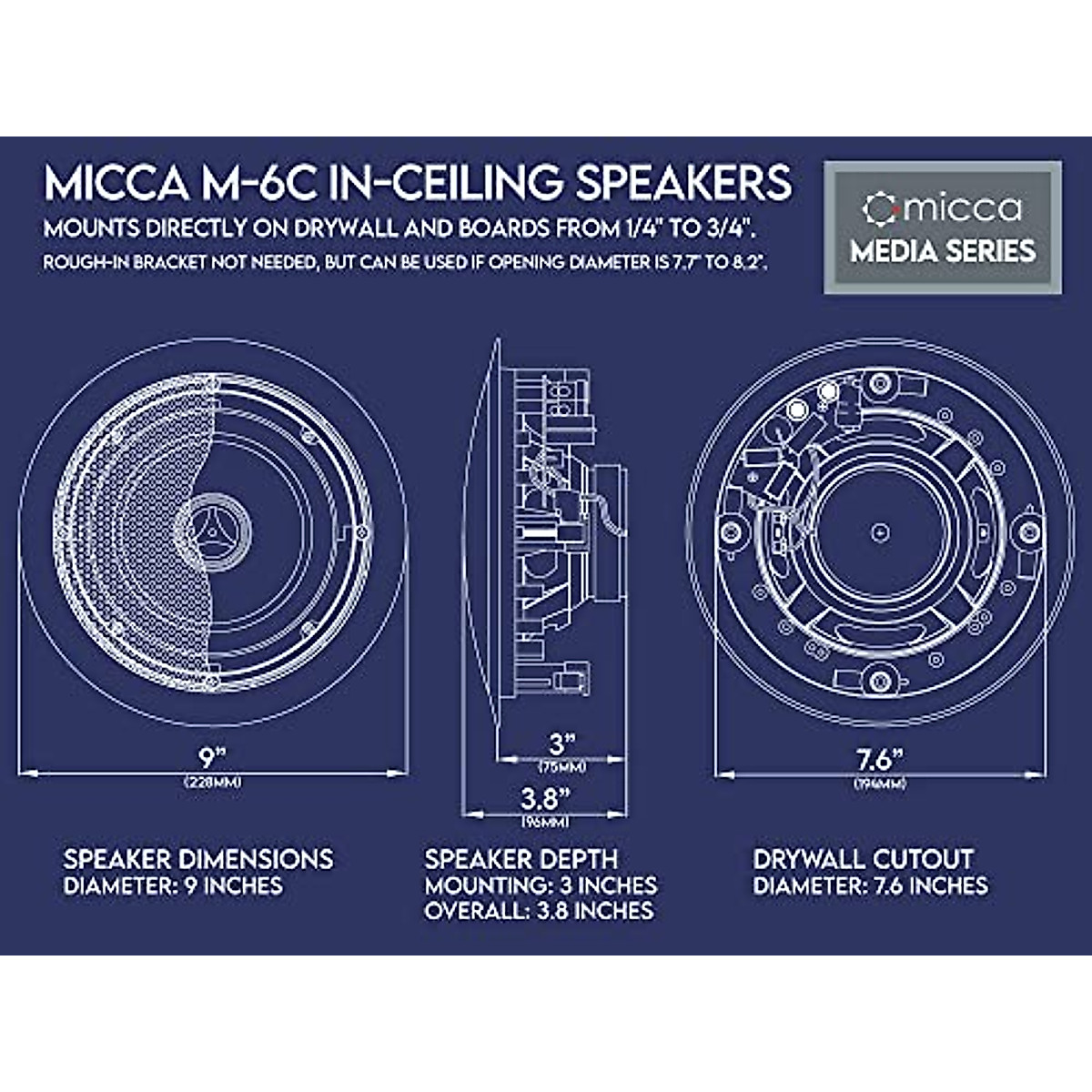 Micca M-6C 6.5 Inch 2-Way in-Ceiling Round Speaker for Whole House Audio, Home Theater, Indoor or Covered Outdoor Areas, 6.5" Woofer, 1" Silk Tweeter, 7.6" Cutout Diameter White, Paintable, Each