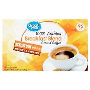 Great Value 100% Arabica Breakfast Blend Coffee Pods, Medium Roast, 96 Count- 0.33 oz each