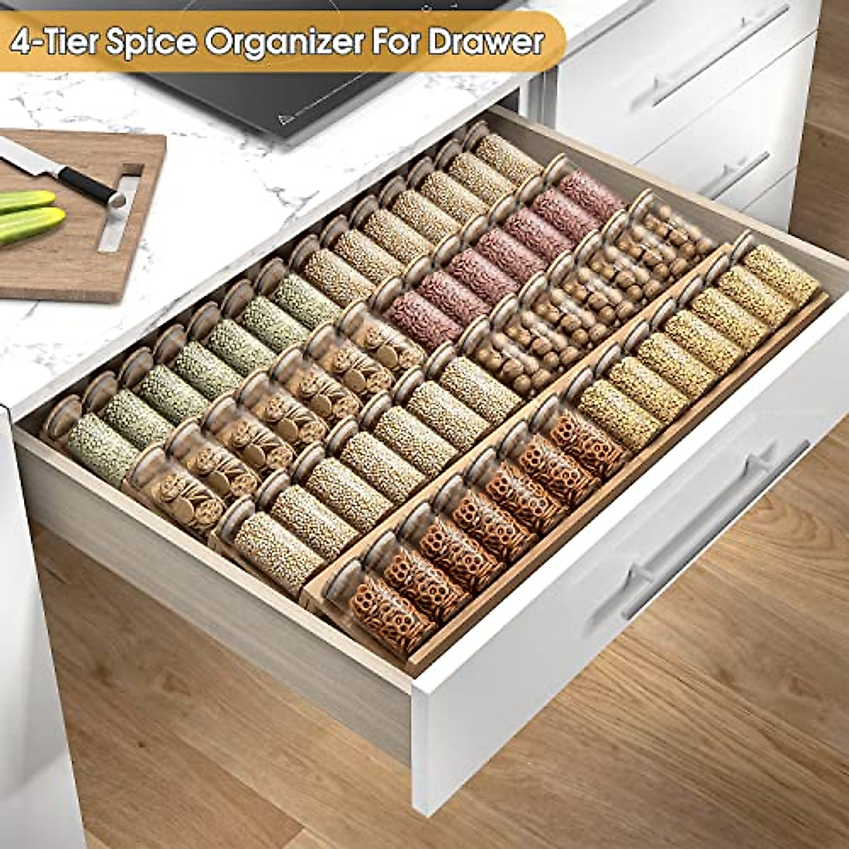 FZFHSJ Spice Rack, 4-Tier Large Capacity Insert Spice Organizer for Cabinet Kitchen Drawer Bamboo