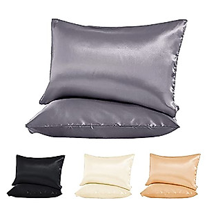 MOLIER. LU Satin Pillowcase Set of 2 Bed Pillowcases with Envelope Closure Slip Pillowcase Cover for Hair and Skin Cooling Pillowcase (20x30 Inches) Queen Deep Grey
