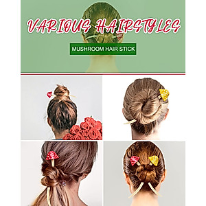 Taiyin Hair Clip Mushroom Hair Sticks, 2 Pcs Christmas Hair Sticks for Long Hair, Cute Print Hair Sticks Accessories for Women/Girls, Red, Yellow