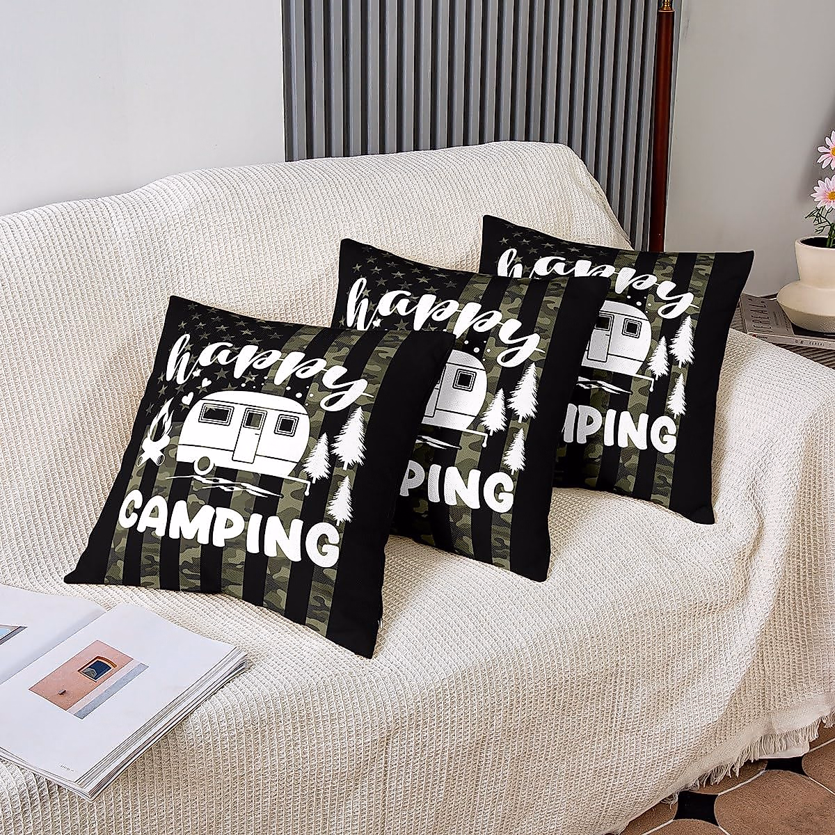 Camo Camping Pillow Case Cover 2 Pack,RV Camper Accessories for Travel Trailers 16"x16" Soft Cushion Cover Reversible Print,Green Camouflage American Flag Throw Couch Sofa Pillow Cover