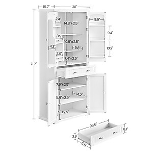 VASAGLE Pantry Cabinet, 71.7-Inch High Freestanding Tall Cupboard Storage Cabinet with a Drawer, 2 Cabinets, 4 Adjustable Shelves, 6 Door Shelves, for Living Room, Kitchen, White UBBC561P31V2