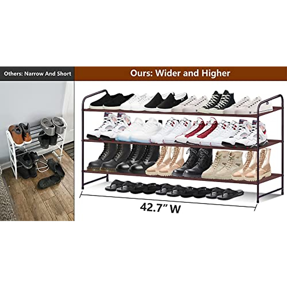 AOODA 3-Tier Long Shoe Rack for Closet Stackable Wide Shoe Shelf, 2 Tier Long Shoe Rack for Closet Wide Low Shoe Shelf, 2 Item Bundle
