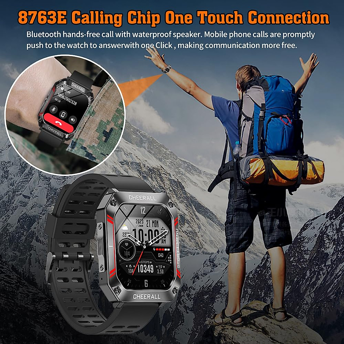 Cheerall 2.02” HD Touch Screen Military Smart Watch for Answer Make Calls, Tactical Fitness Tracker with Games 120+ Workout Modes Heart Rate SpO2 Sleep Monitor for Android iOS (Orange)
