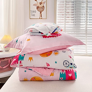 Wajade Kids Pink Princess Comforter Set Bed in A Bag Full Size 7 Piece Princess Fairy Tales Castle Bedding Set for Girl (1 Comforter, 1 Flat Sheet, 1 Fitted Sheet, 2 Pillowcase and 2 Pillow Sham)