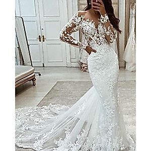 BEAUTFOR Womens Long Sleeve Lace Bohe Wedding Dresses Mermaid Illusion Top Ivory Bridal Gowns for Beach Wedding Party US Size 2