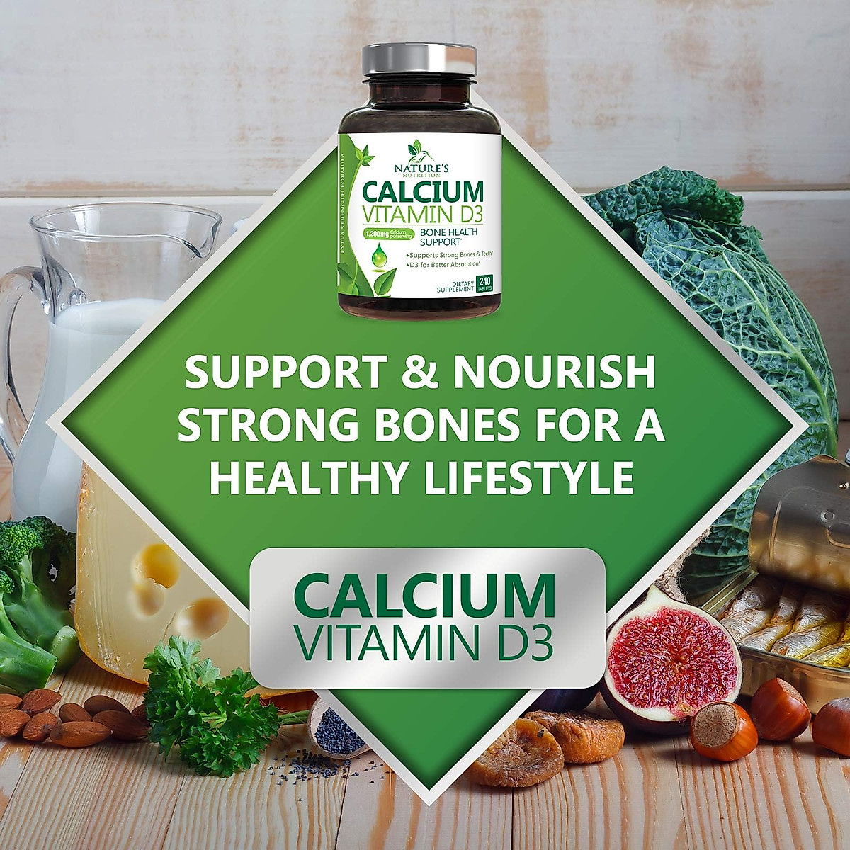 Calcium 1200 mg Plus Vitamin D3, Bone Health & Immune Support - Nature's Calcium Supplement with Extra Strength Vitamin D for Extra Strength Carbonate Absorption Dietary Supplement - 240 Tablets