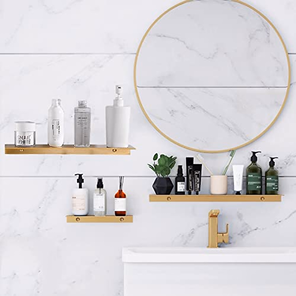 LAIGOO 3 Set Gold Floating Shelves, Makeup Organizer Wall Mounted Bathroom Wall Shelves Countertop Organizer, Picture Display Ledge Shelf, Space Aluminum, Shower Shelves (11.81+15.75+19.68 Inch)