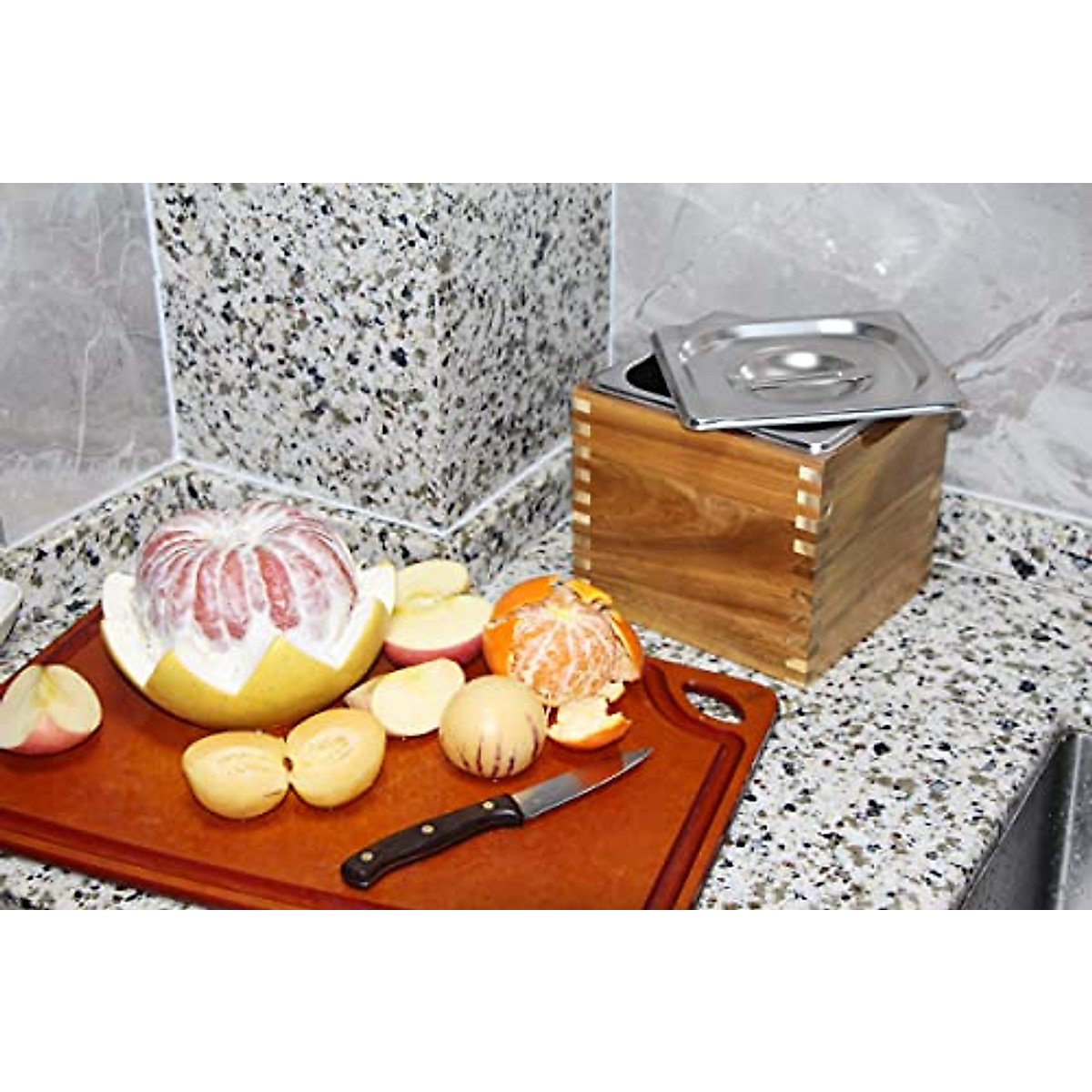 Gogreebell Compost Bin Kitchen-Countertop Compost bin with lid & Acacia Wooden Box, Kitchen Compost Container- Smell Proof, Indoor Compost Bin with Stainless Steel